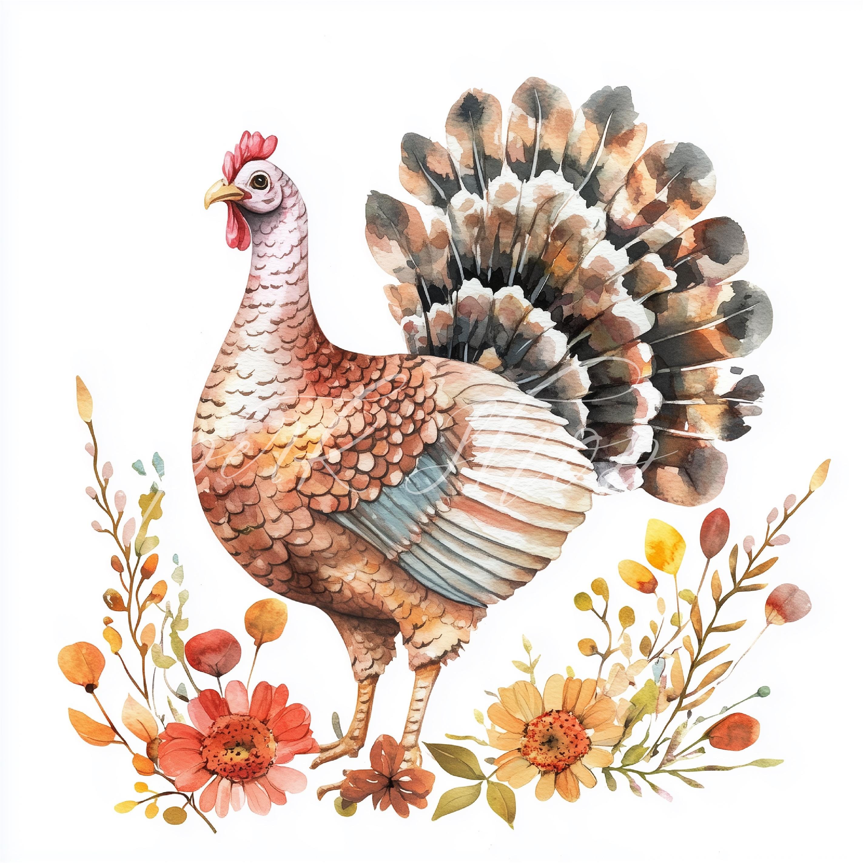 Thanksgiving Turkey Autumn Clipart, Floral Fall Watercolor, Printable ...