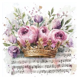 Music Notes Clipart, Floral Crown Vintage Ephemera Print, Flower ...