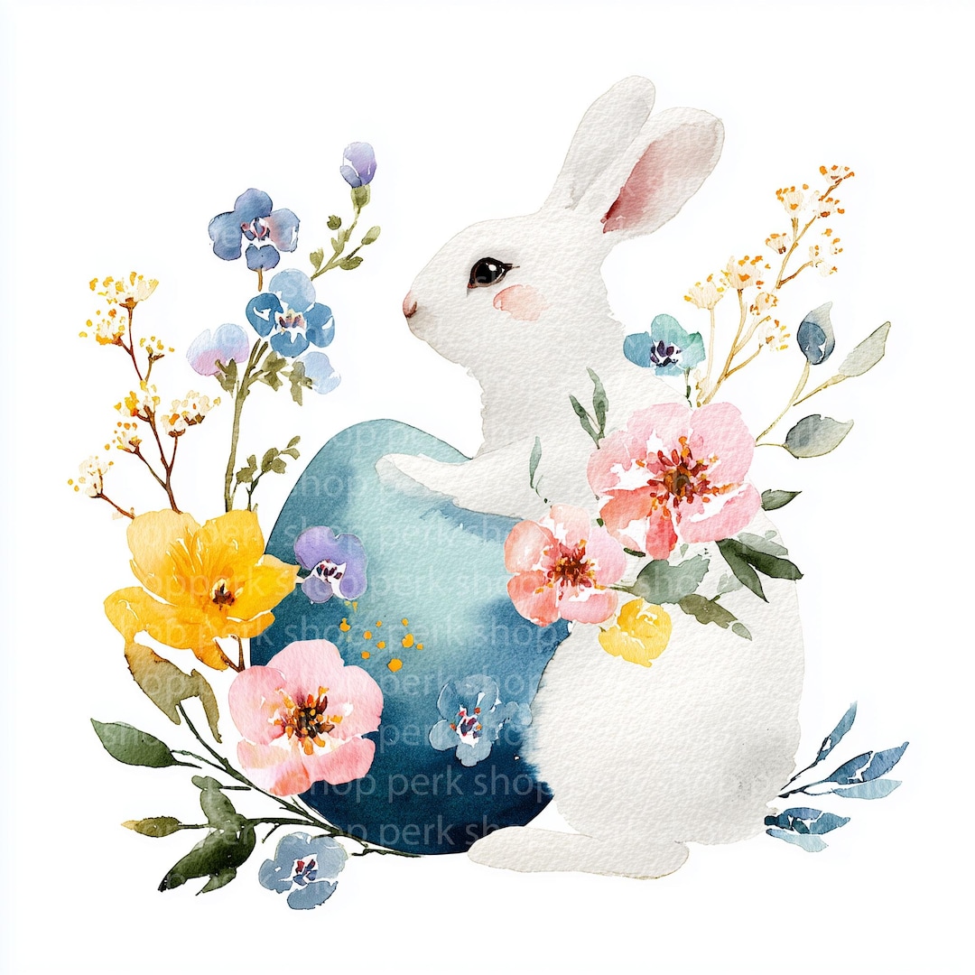 Watercolor Easter Bunny Clipart: Spring Flowers and Eggs (digital ...