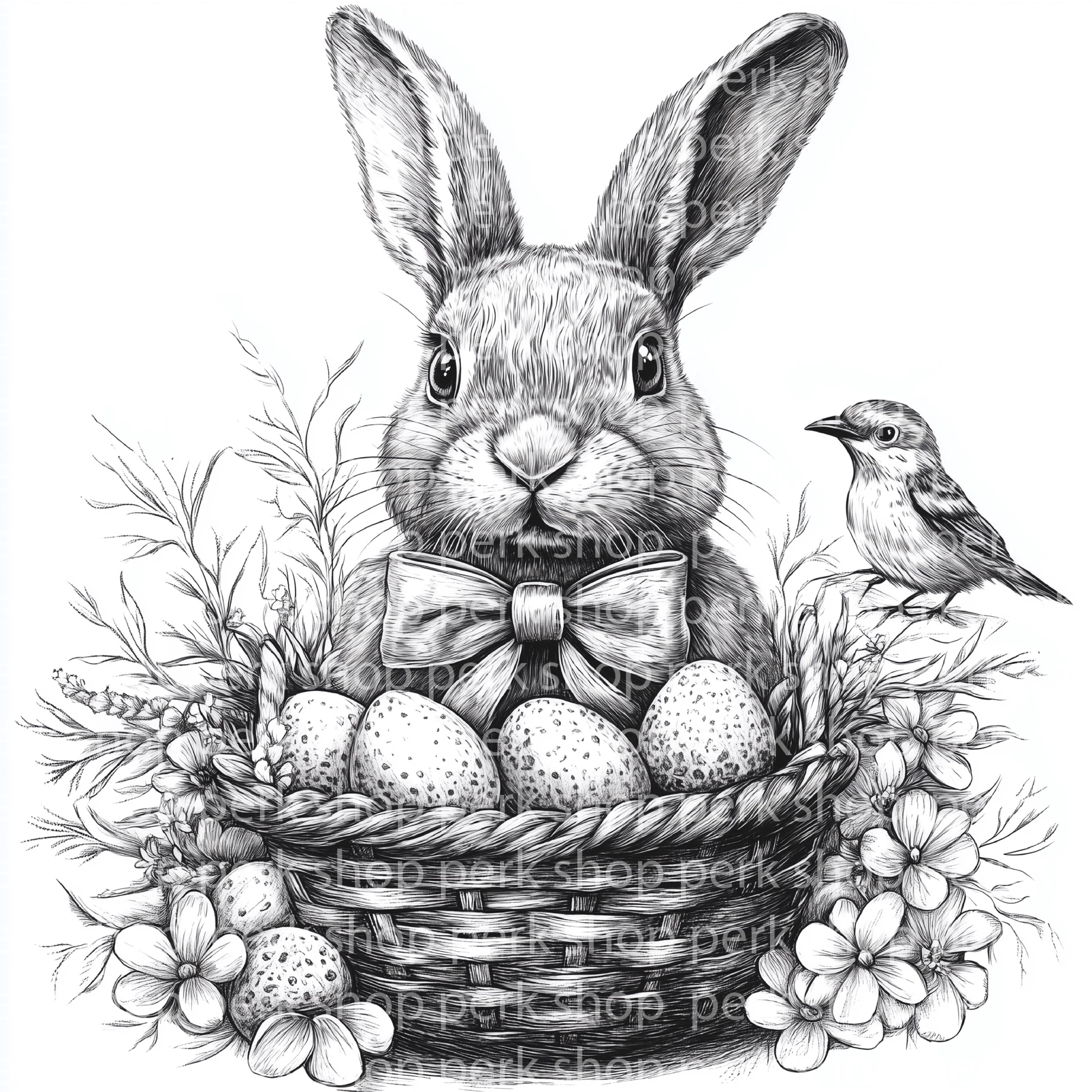 11 Easter Bunny Clipart, Hand-drawn Rabbit in Basket Flowers, Black and ...