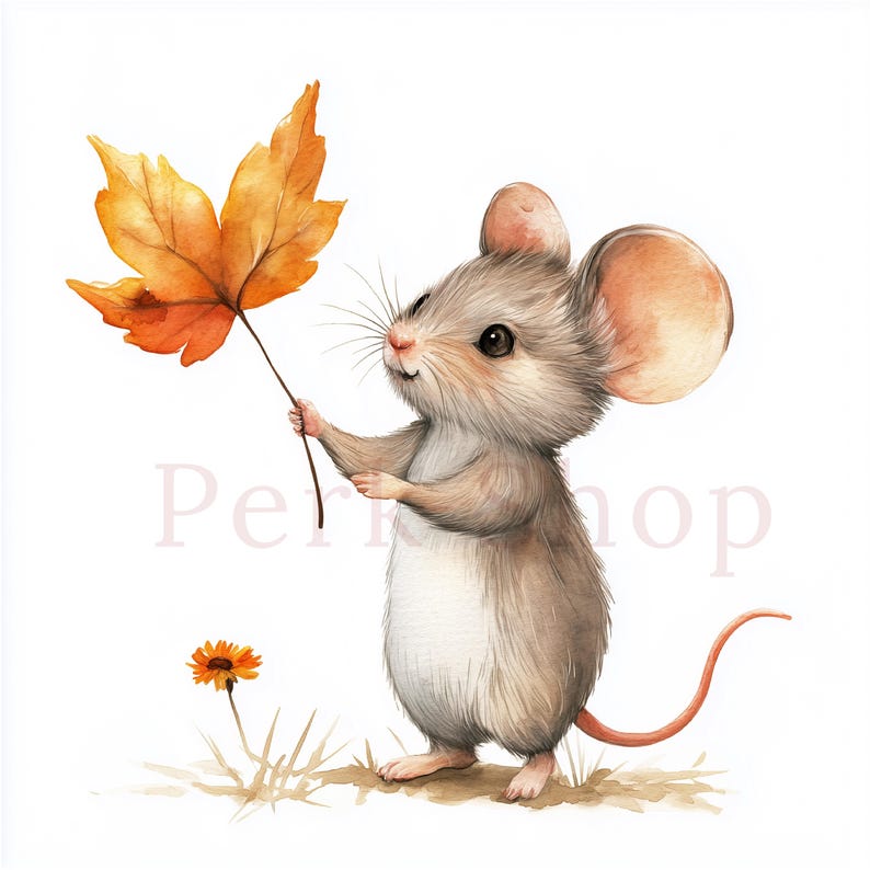 17 Mouse With Autumn Leaf Clipart, Watercolor Animal, Pumpkin Fall ...