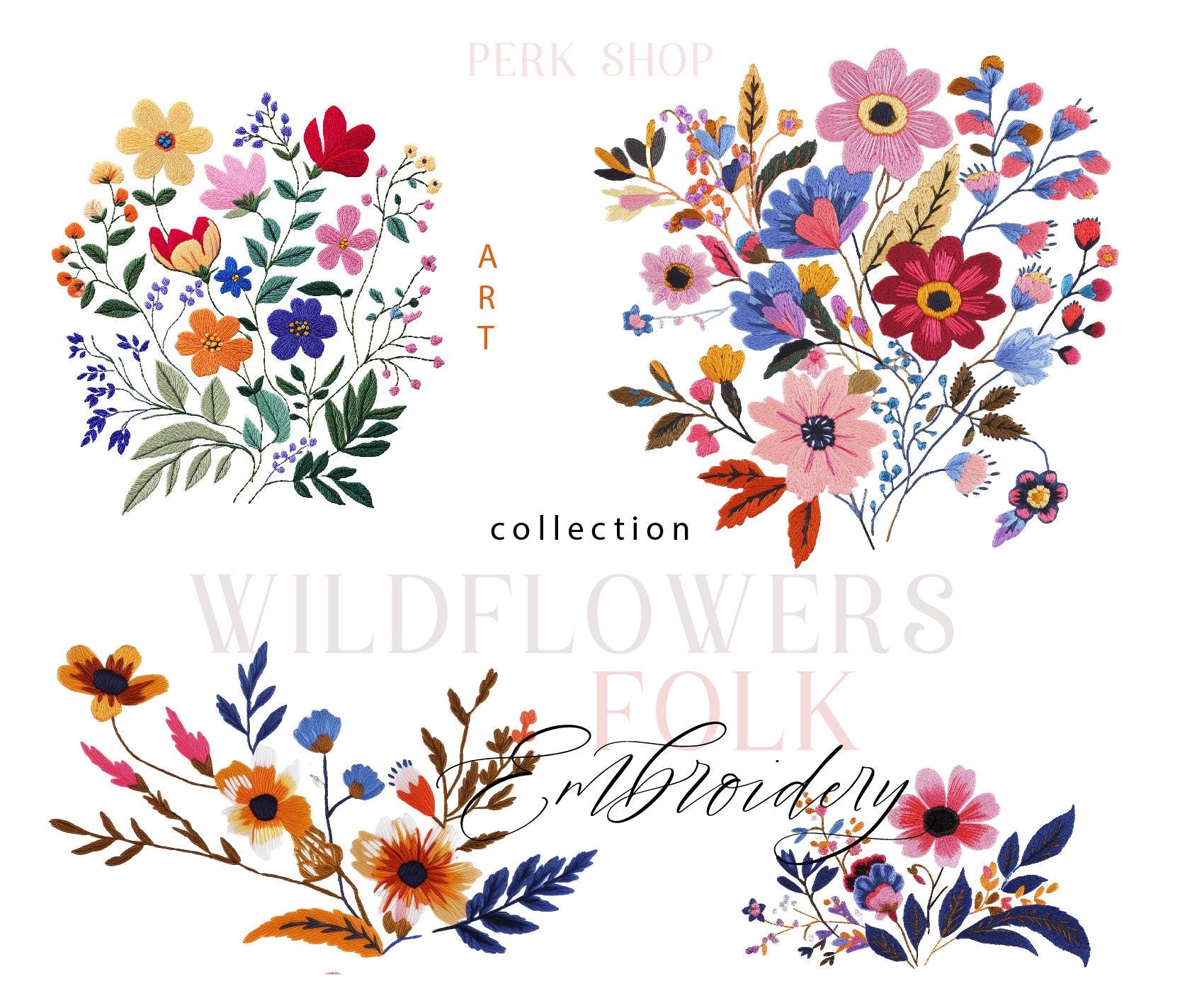 Wildflower Folk Embroidery Clipart Png - Digital Art for Crafters ...