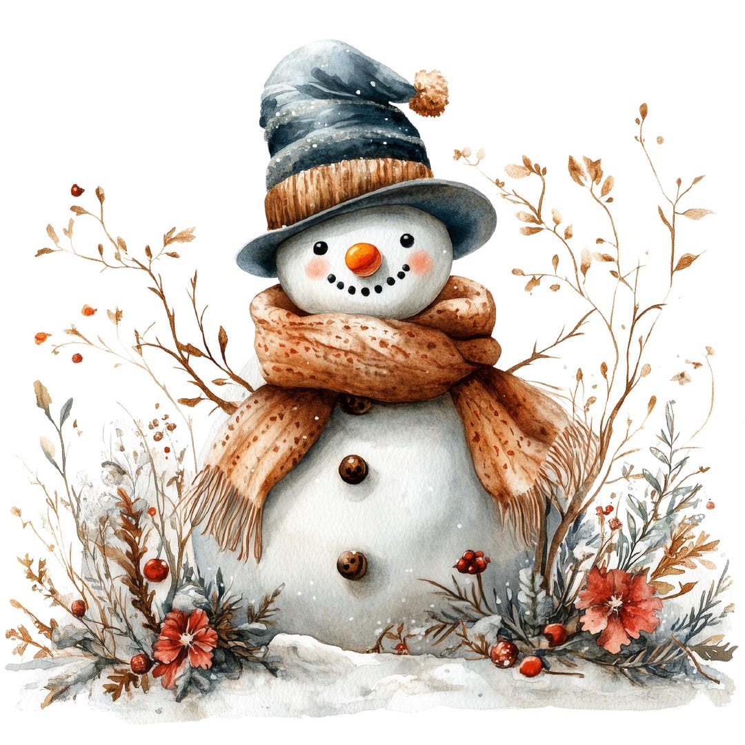 11 Vintage Snowman Clipart PNG, Christmas Clip Art, Watercolor Winter ...