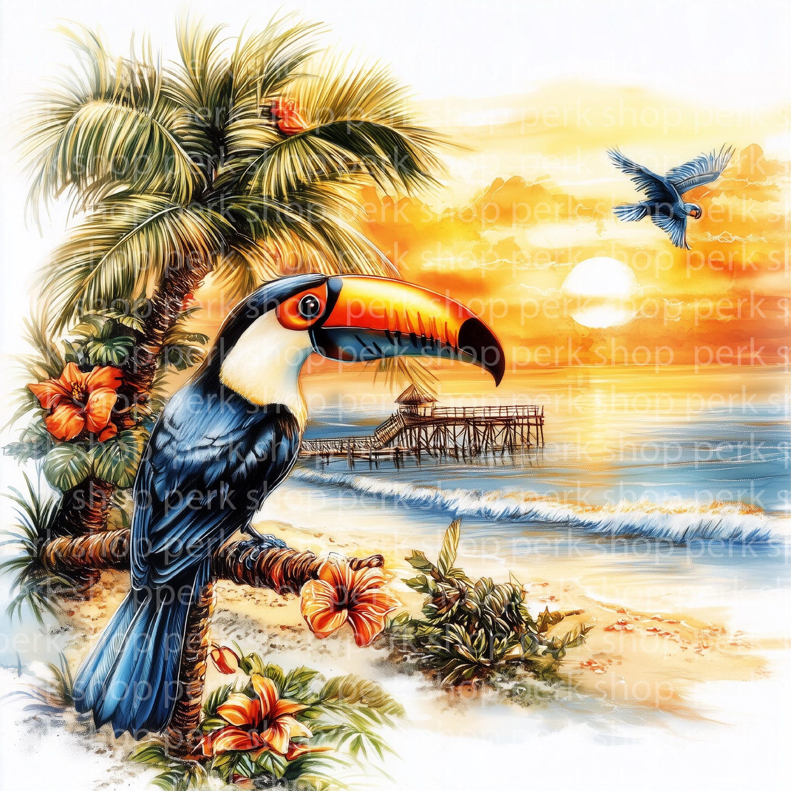 Tropical Beach Clipart: Toucan Bird Watercolor Art (digital Download ...