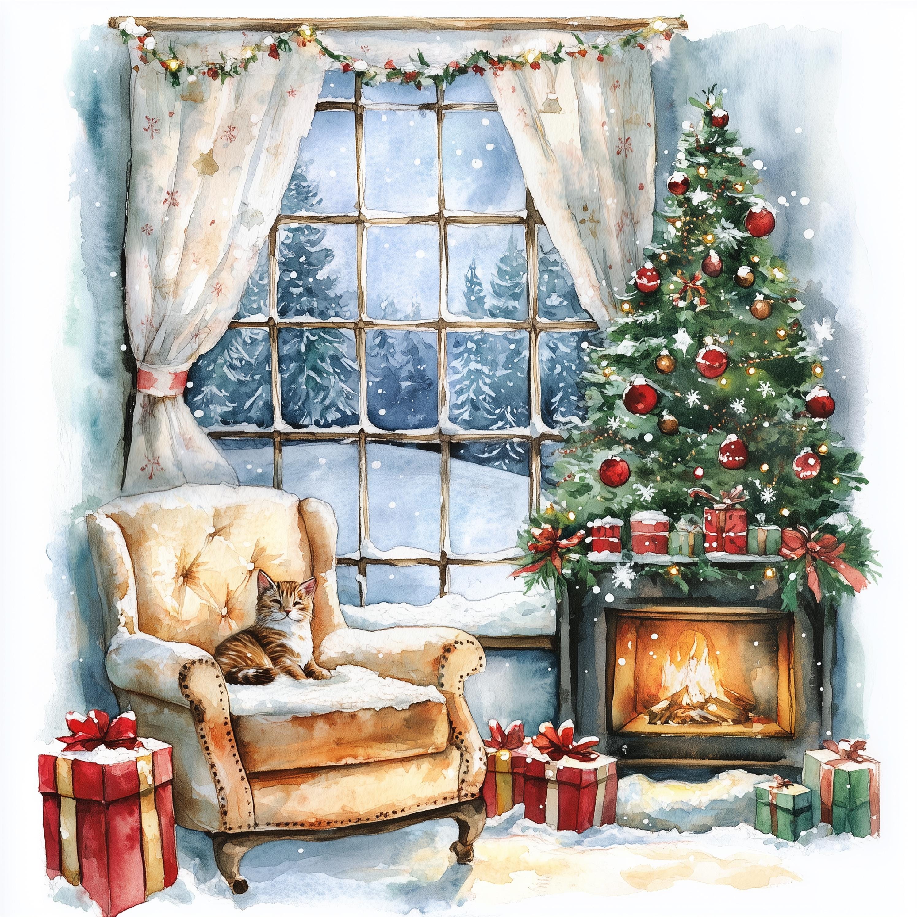 Vintage Christmas Watercolor Clipart: Cat, Fireplace, Tree (digital ...