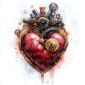 12 Steampunk Heart Clipart, Mechanical Heart Watercolor, Cyberpunk ...