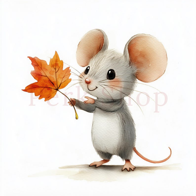 17 Mouse With Autumn Leaf Clipart, Watercolor Animal, Pumpkin Fall ...