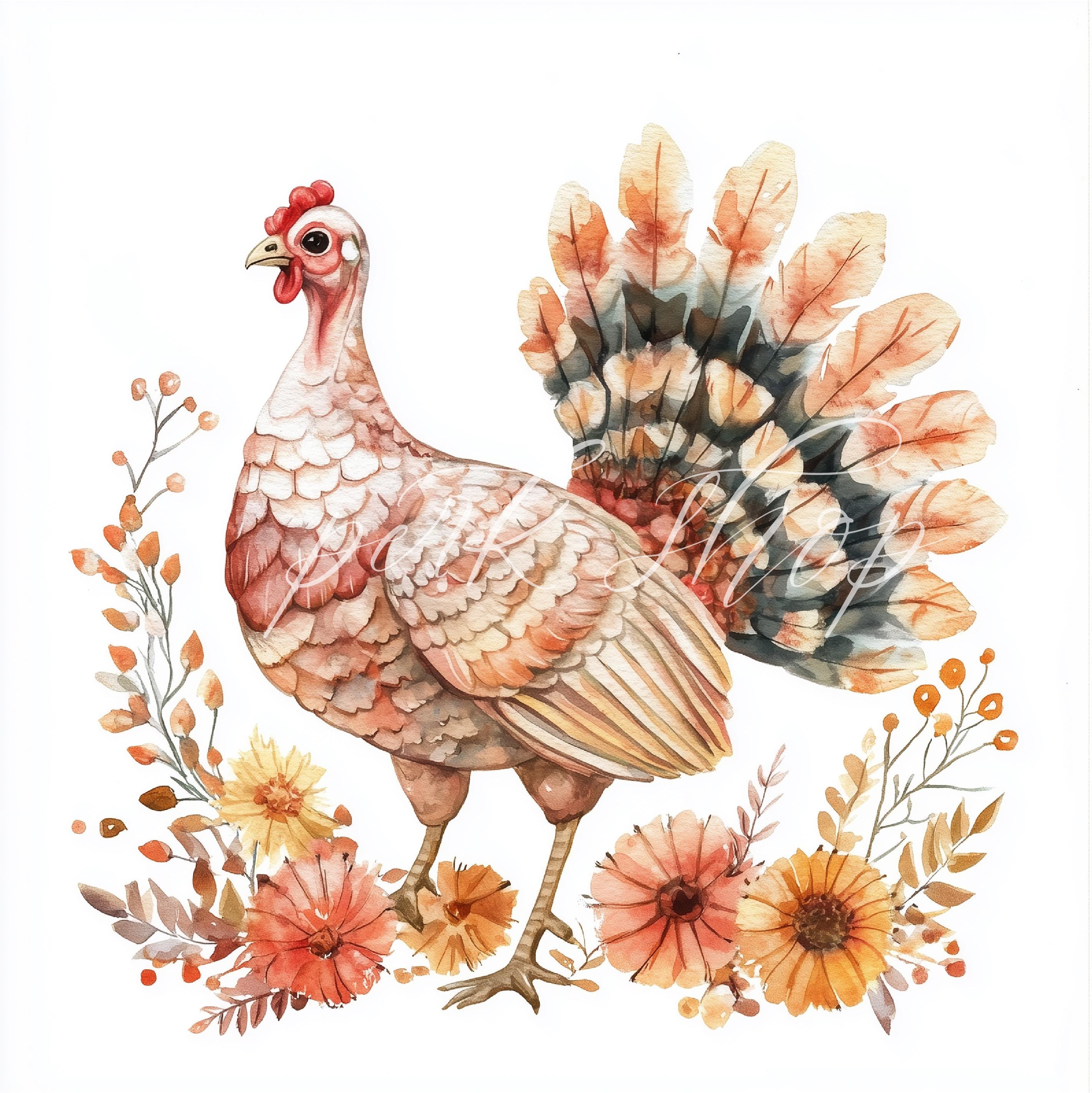 Thanksgiving Turkey Autumn Clipart, Floral Fall Watercolor, Printable ...