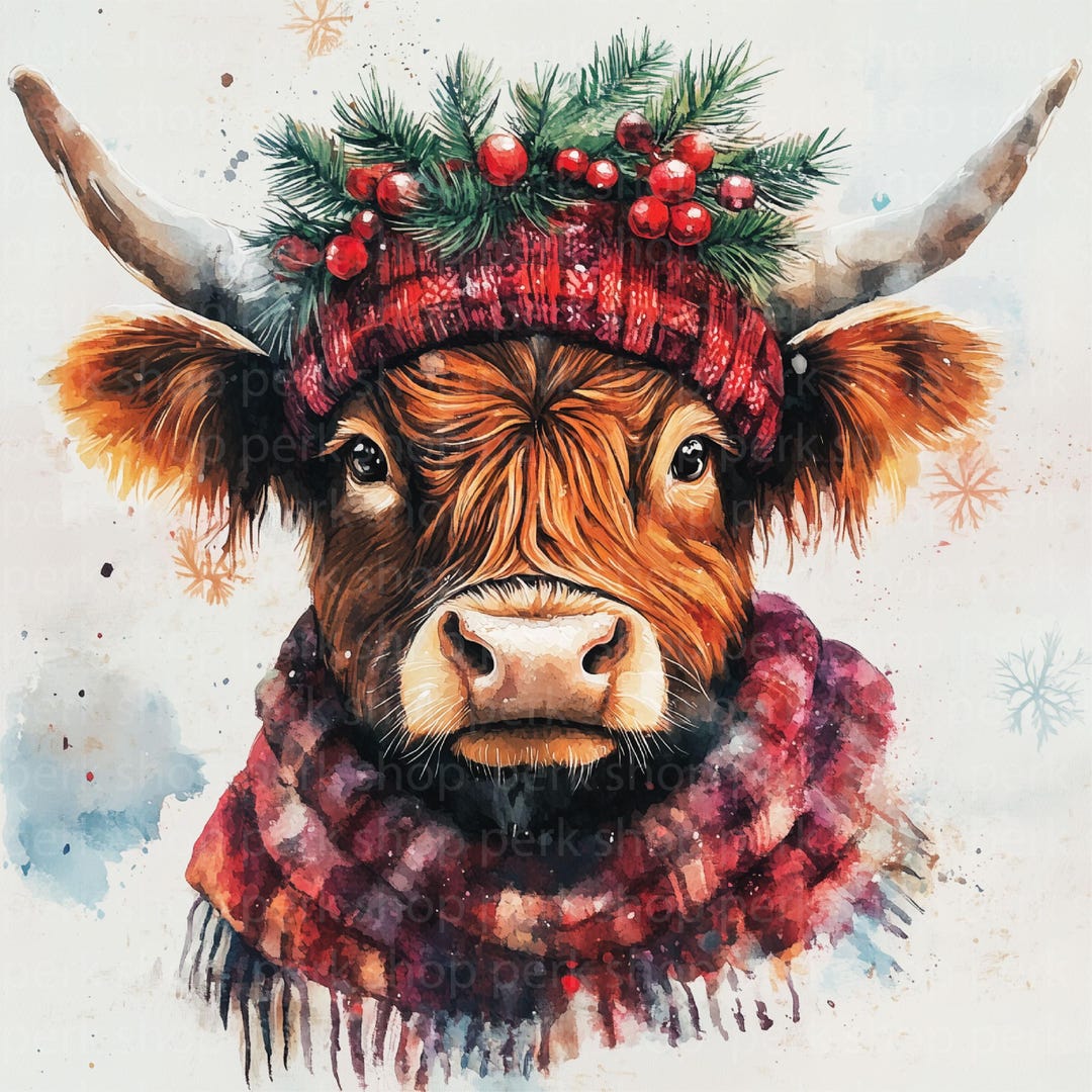 Christmas Highland Cow Print: Winter Farm Animal Wall Art (digital ...