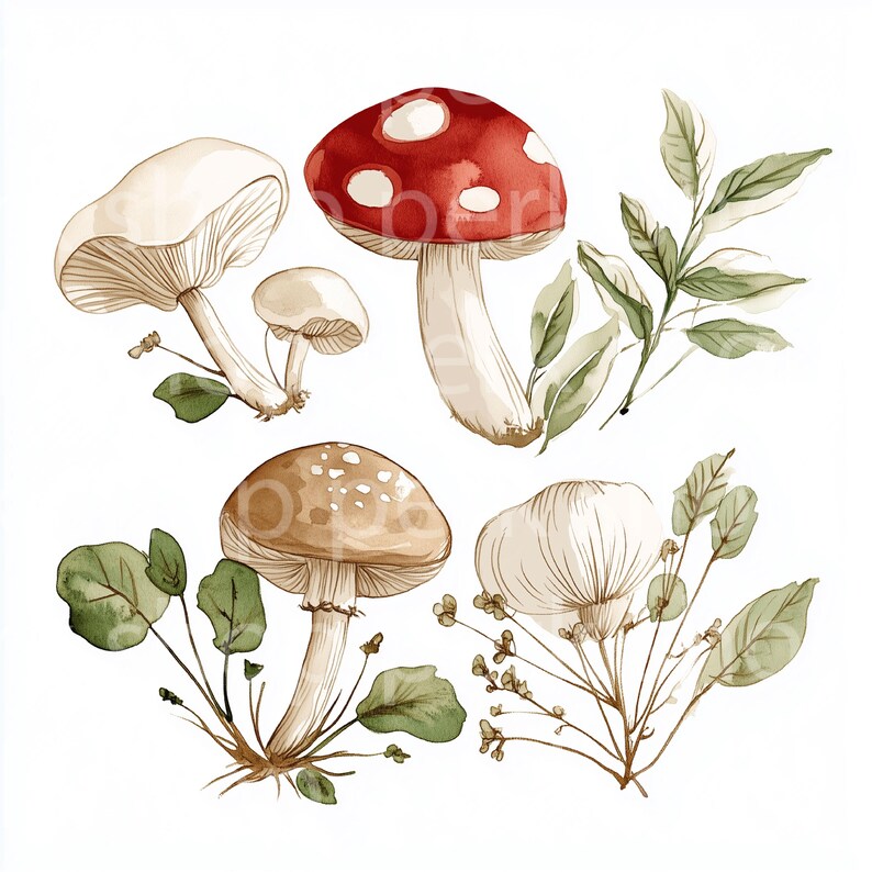 7 Woodland Mushrooms Clipart, Rustic Forest Fungi Watercolor ...