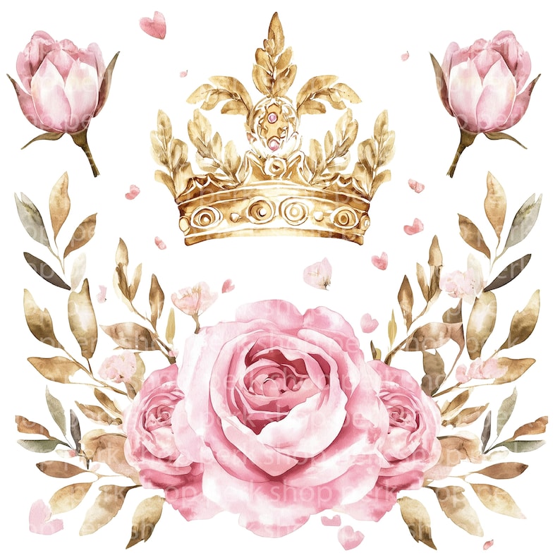 Rose Gold Crown Clipart: Floral Watercolor Crest (PNG Digital Download ...