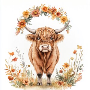 11 Highland Cow Fall Clipart, Floral Farm Animal Watercolor, Printable ...