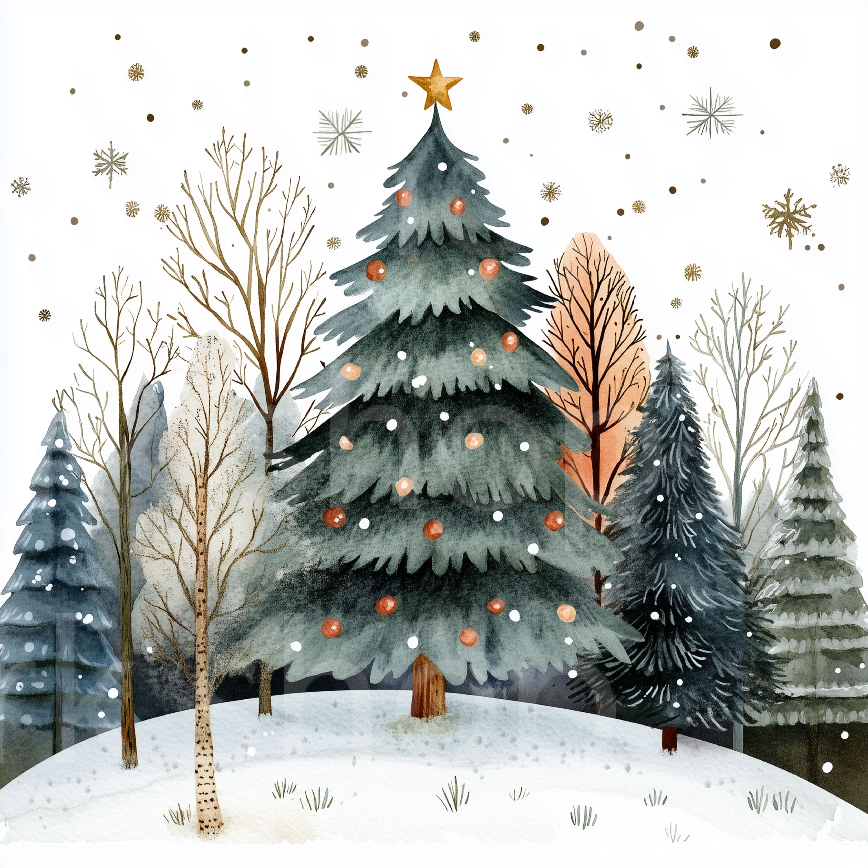 10 Christmas Tree Clipart, Watercolor Winter Forest Decor, Printable ...