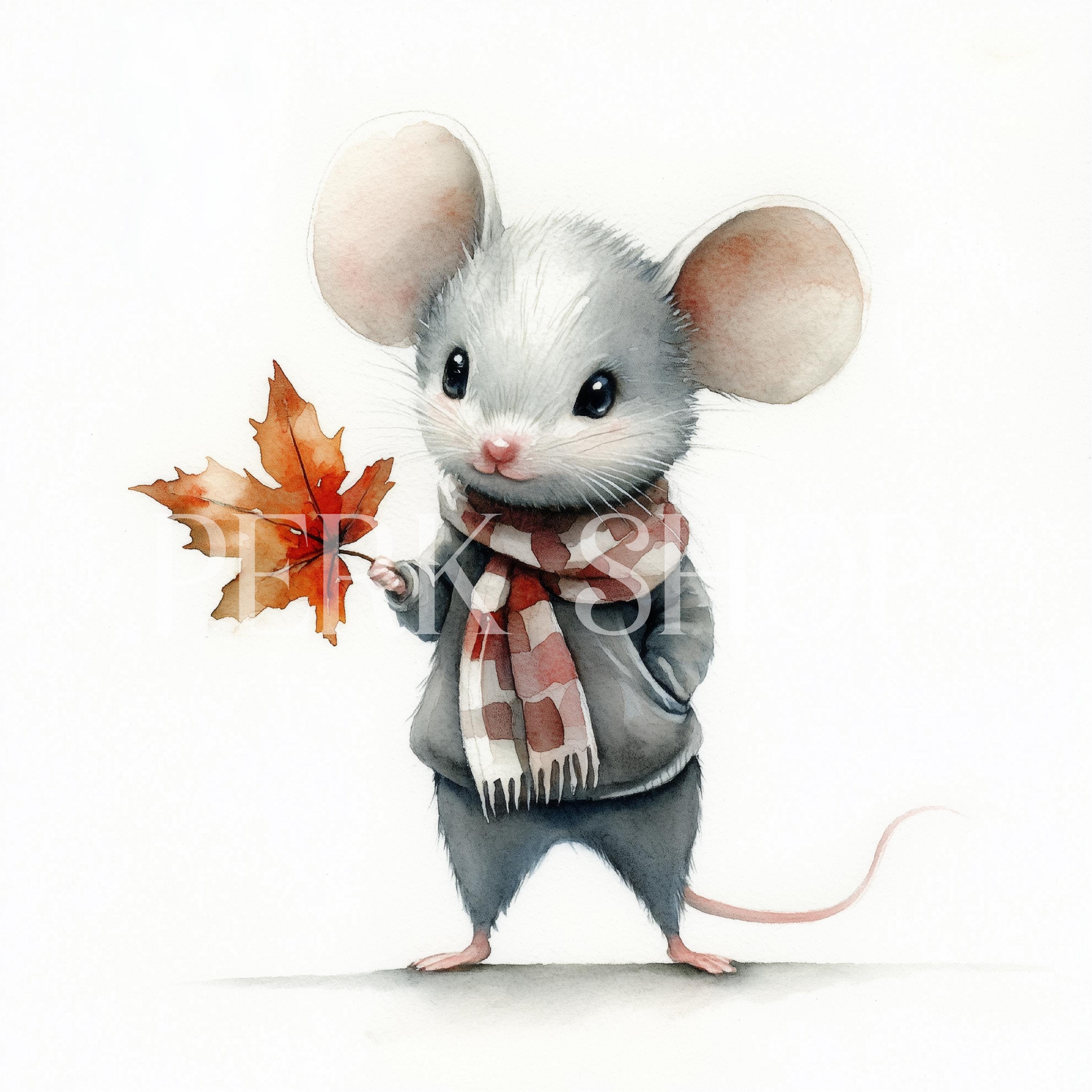 10 Cute Mouse With Autumn Leaf Clipart, Watercolor Animal, Cozy Fall ...