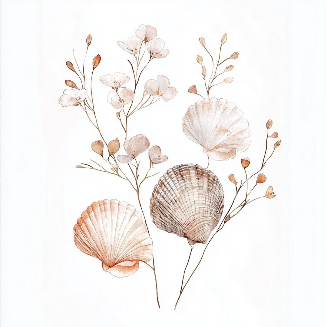 Seashell Botanical Watercolor Clipart, Coastal Art (digital Download ...