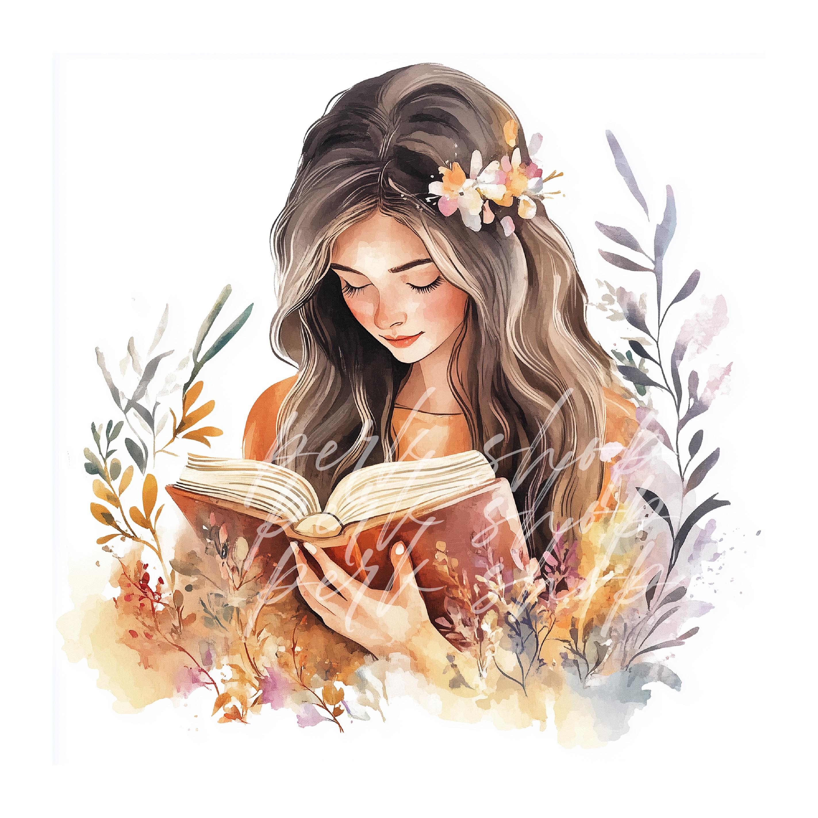 9 Reading Girl Floral Clipart, Bookish Watercolor Printable Art, Autumn ...
