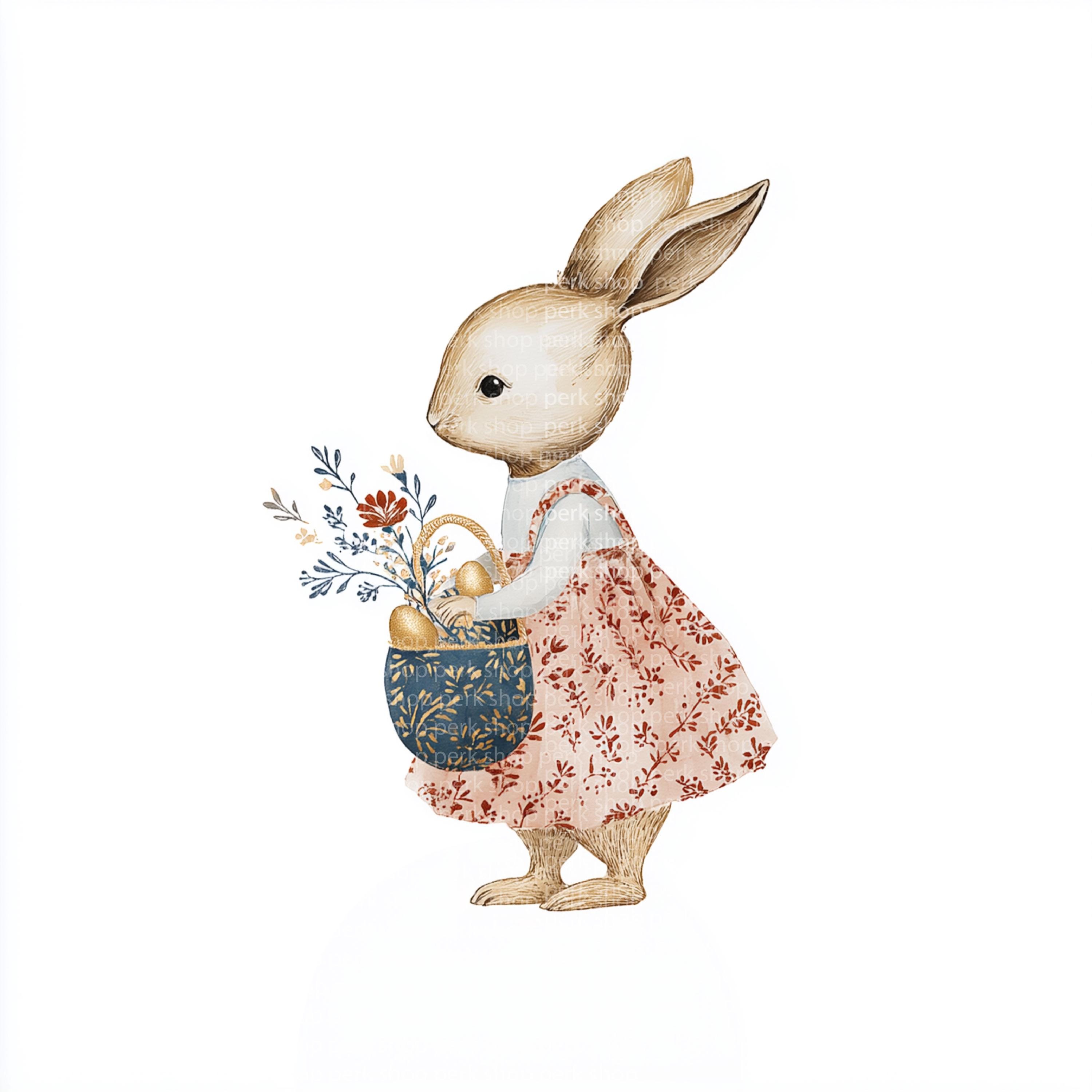 Easter Bunny Clipart: Spring Rabbit, Basket Flowers (digital Printable ...
