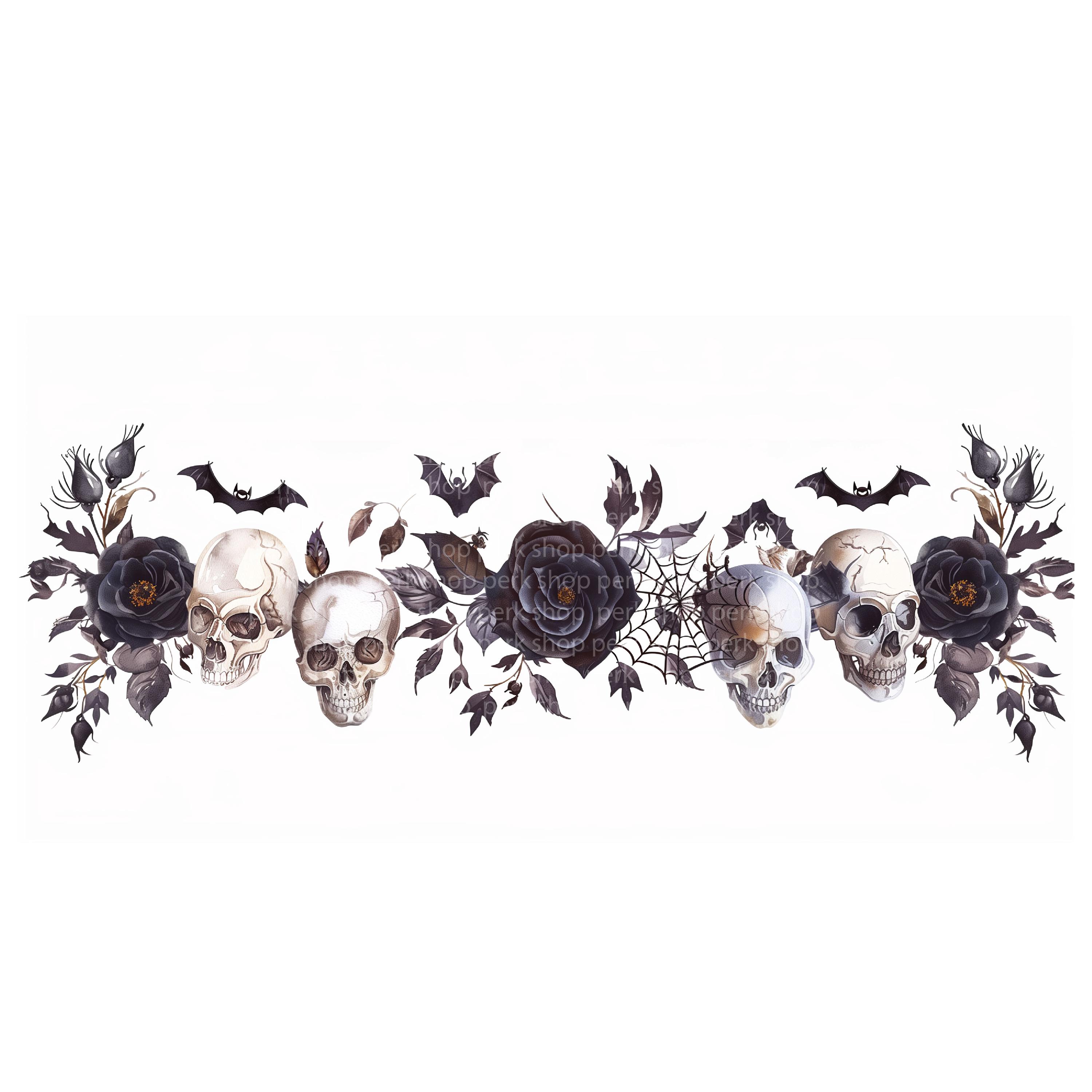 Halloween Borders Clipart, Watercolor Skull and Rose PNG, Halloween ...