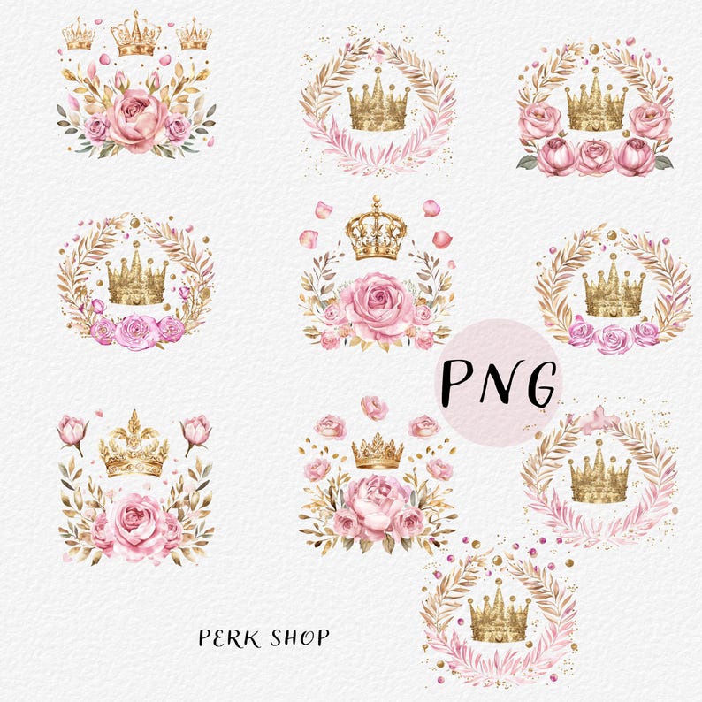 Rose Gold Crown Clipart, Preppy Crest PNG Floral Watercolor Printable ...