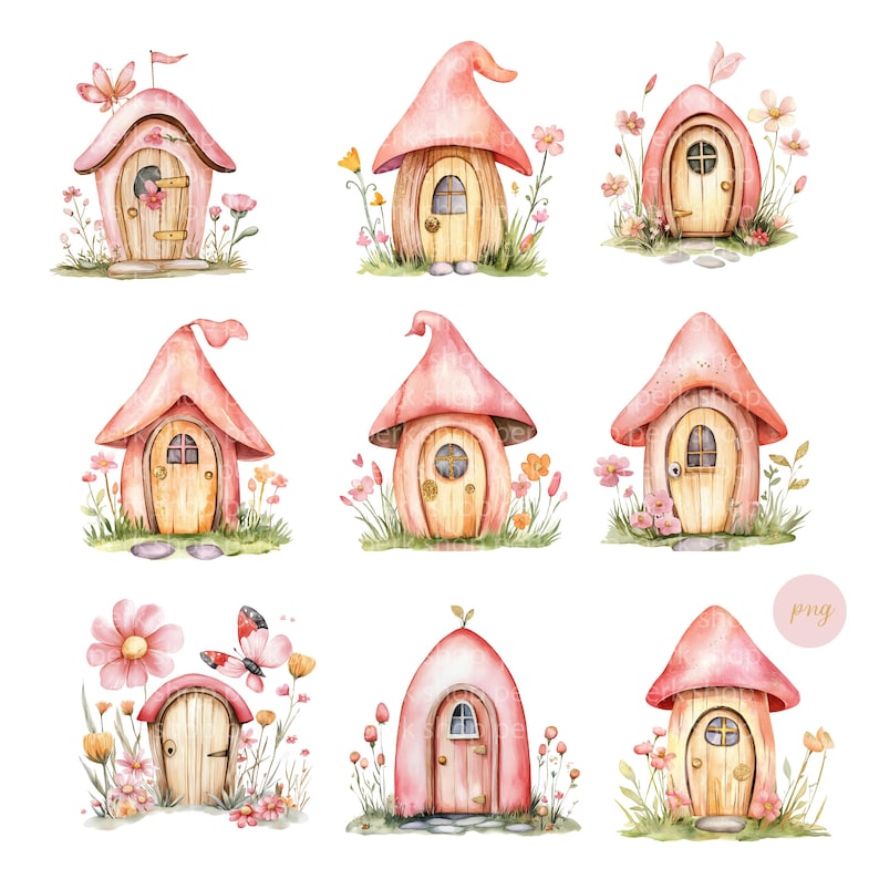 9 Fairy House Clipart, Pink Home Clipart, Printable Watercolor Clipart ...
