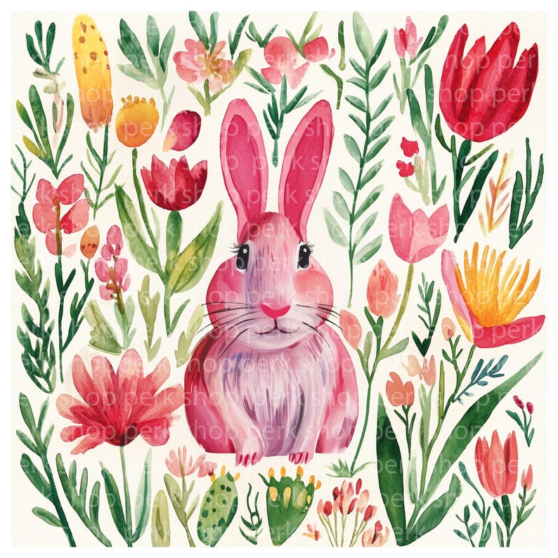 16 Floral Bunny Clipart, Cute Easter Rabbit Watercolor Printable ...