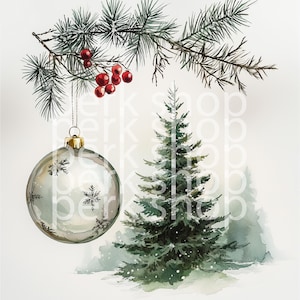 10 Christmas Tree Bauble Clipart, Winter Landscape Watercolor Art ...