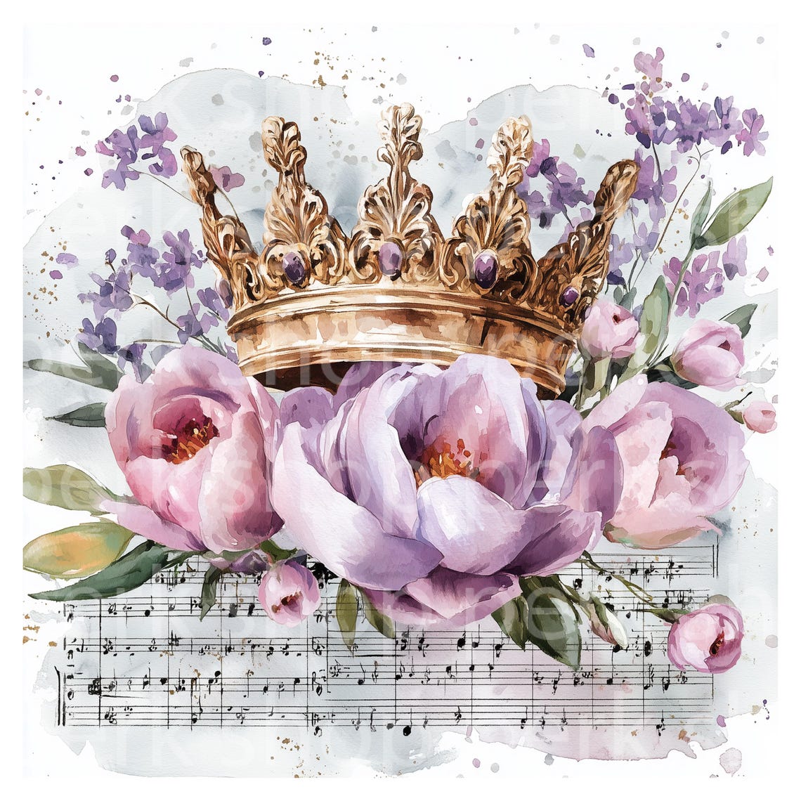 Music Notes Clipart, Floral Crown Vintage Ephemera Print, Flower ...