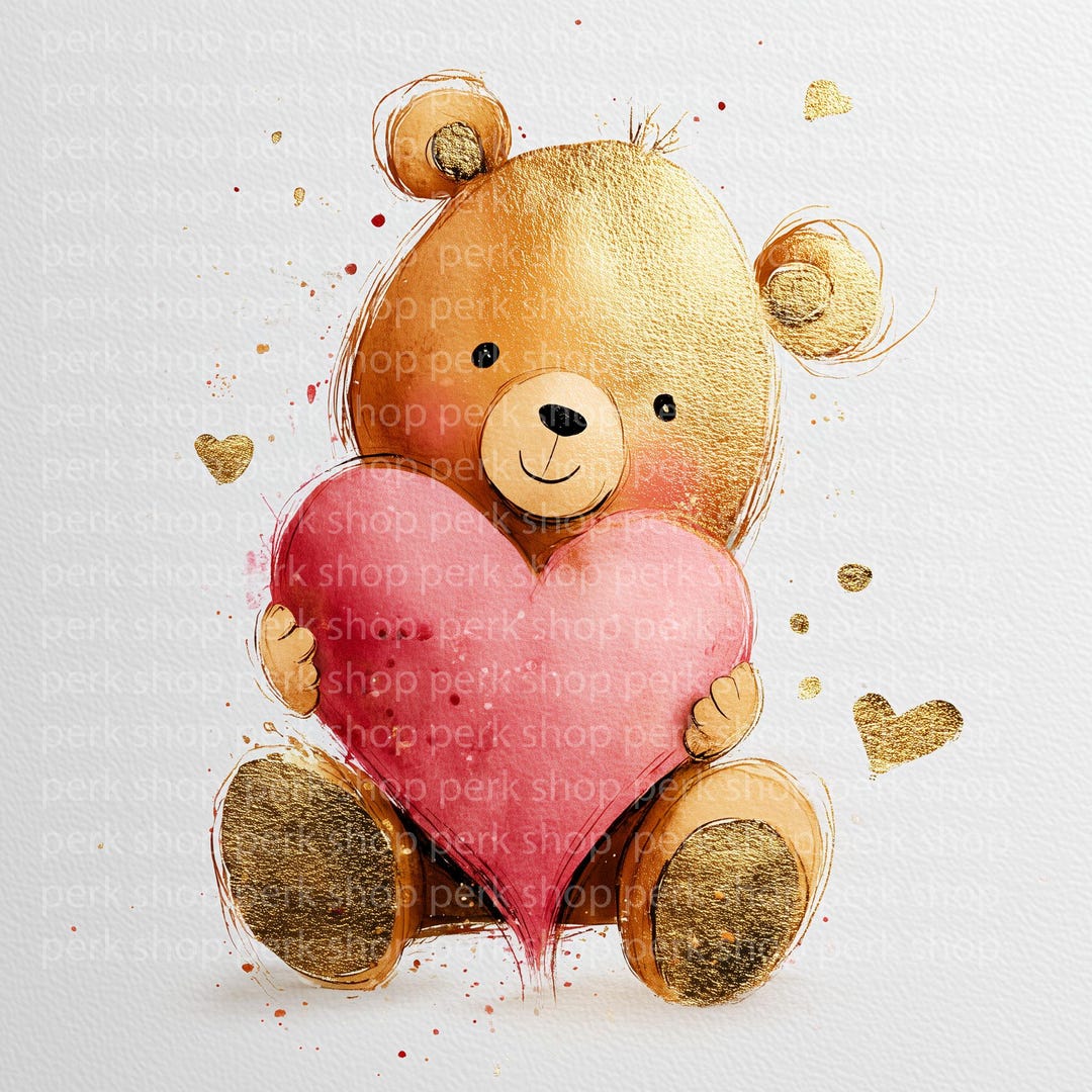 Watercolor Teddy Bear Love Clipart, Cute Bear With Heart, Pink Gold ...
