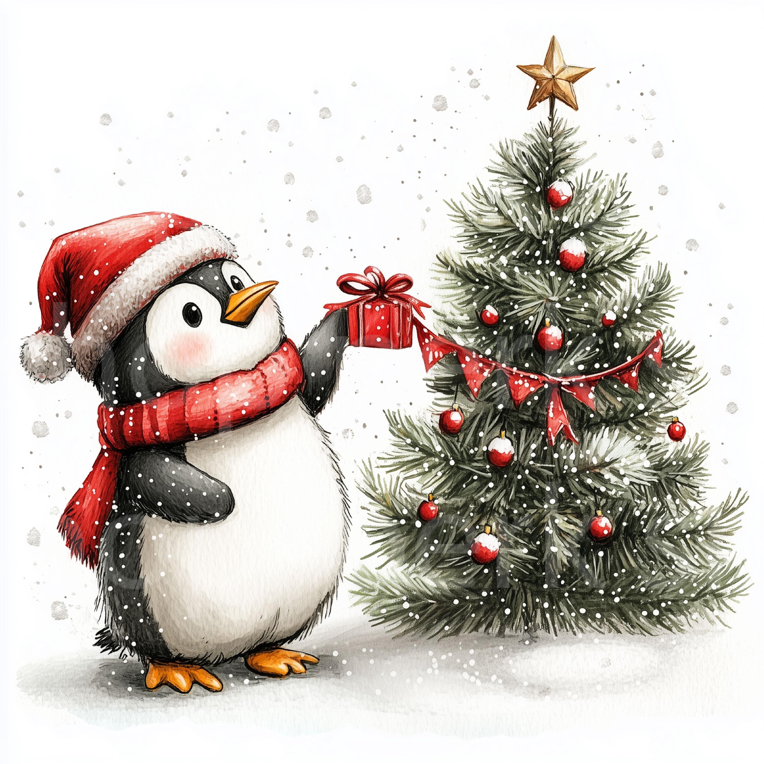 Christmas Penguin Clipart, Xmas Tree Nursery Art, Card Making, Digital ...