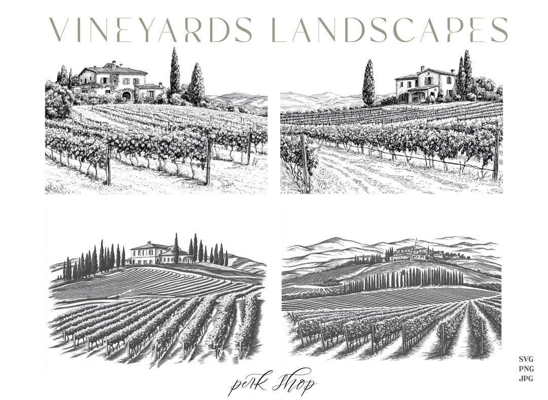 Tuscan Vineyard Landscape Clipart: Black and White Graphic (PNG, SVG ...