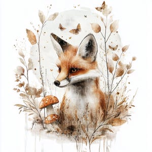 Fox Autumn Clipart: Watercolor Forest Animals, Mushroom Printables ...