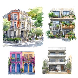 18 Tel-aviv Houses Clipart, Israel Architecture Watercolor Landscape ...