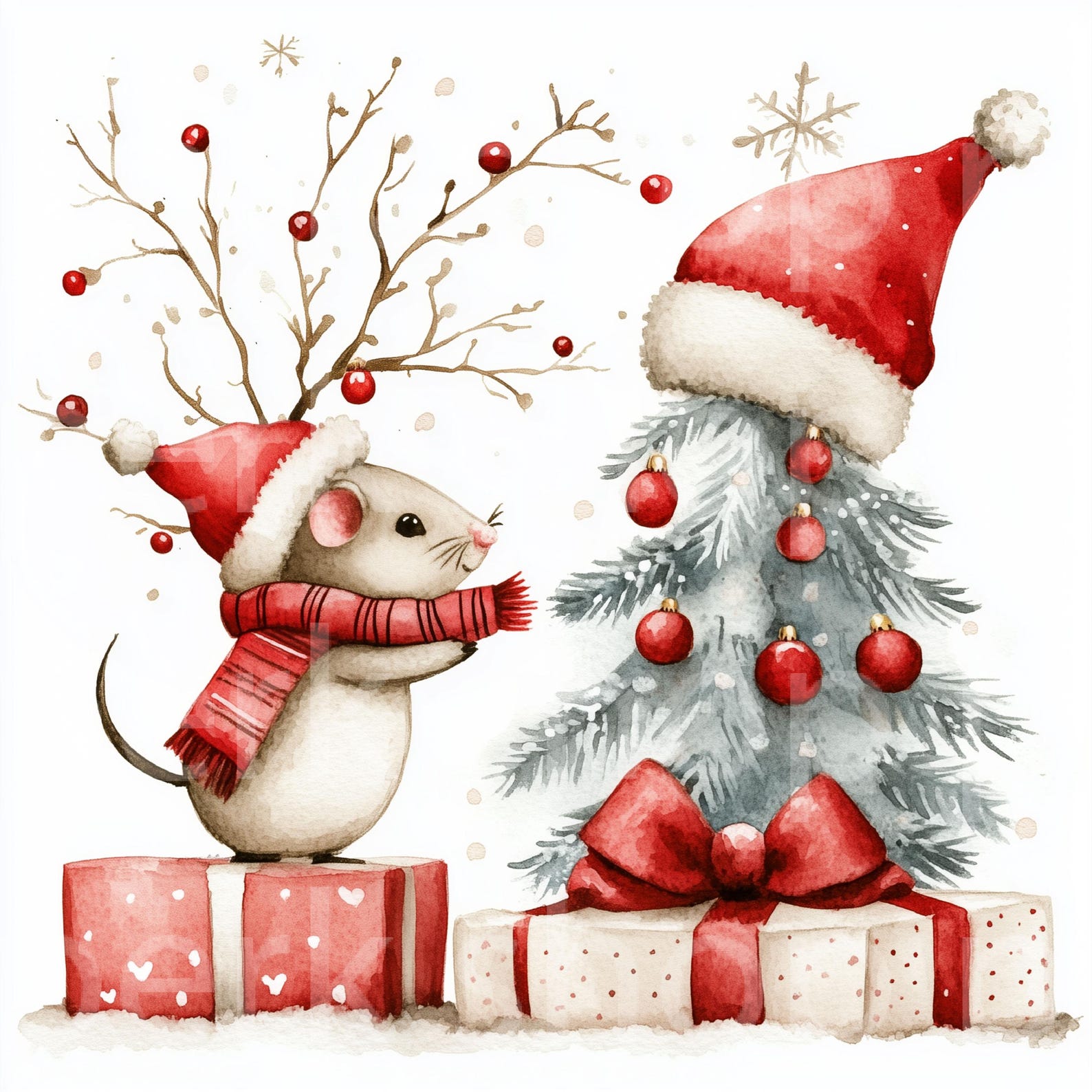 Christmas Tree Mice Watercolor Clipart: Winter Holiday Decor (digital ...
