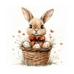 Easter Bunny Clipart, Spring Rabbit With Basket Flowers, Scrapbooking ...