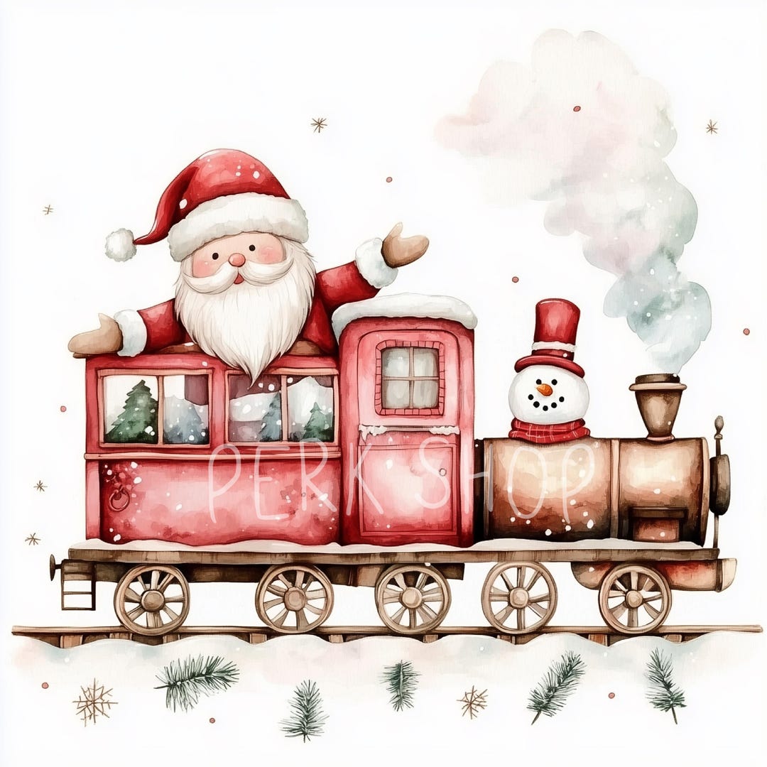 Watercolor Christmas Train Clipart: Santa, Snowman (digital Download ...