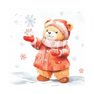 17 Teddy Bear Catch Winter Snowflakes Clipart, Watercolor Cute Cartoon ...