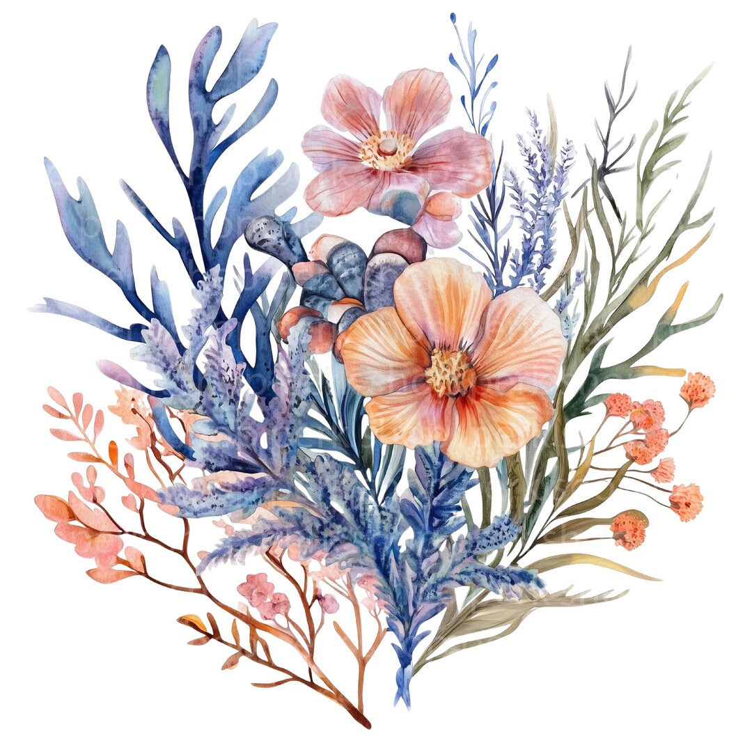 Watercolor Coral Clipart: Marine Floral PNG, Coastal Printable (digital ...