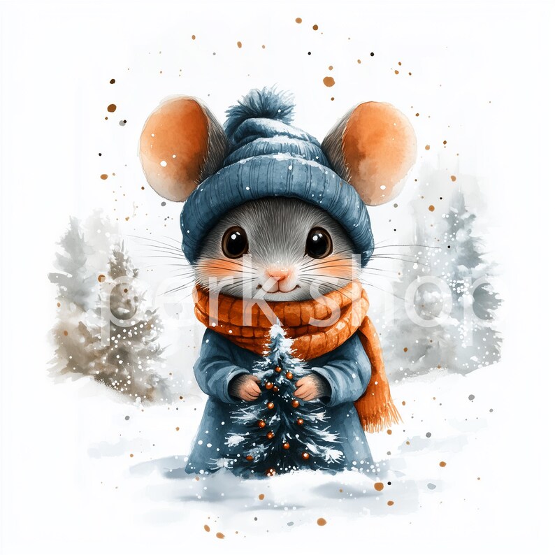 Christmas Mice Clipart: Watercolor Tree, Holiday Card Design (digital ...