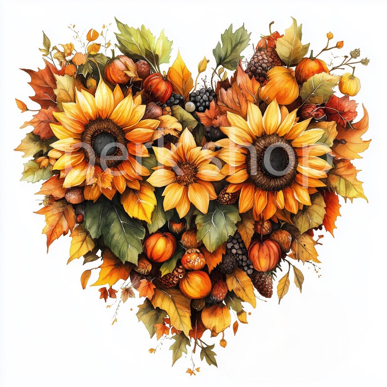 Watercolor Autumn Heart Floral Clipart: Sunflower Leaves (JPG Digital ...