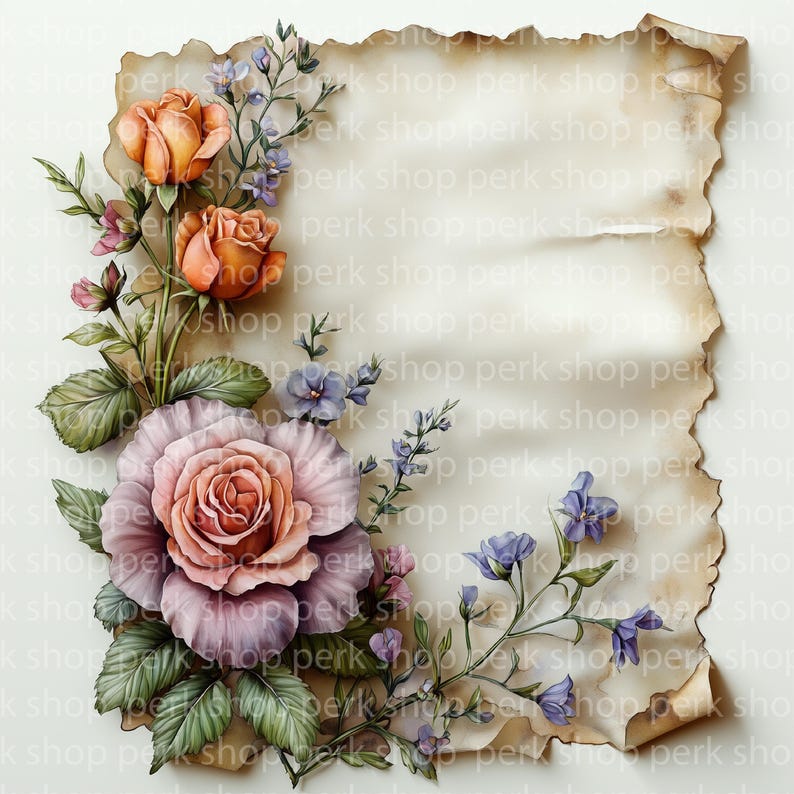 21 Floral Scroll Paper Clipart, Old Paper Flowers Clipart, High Quality ...