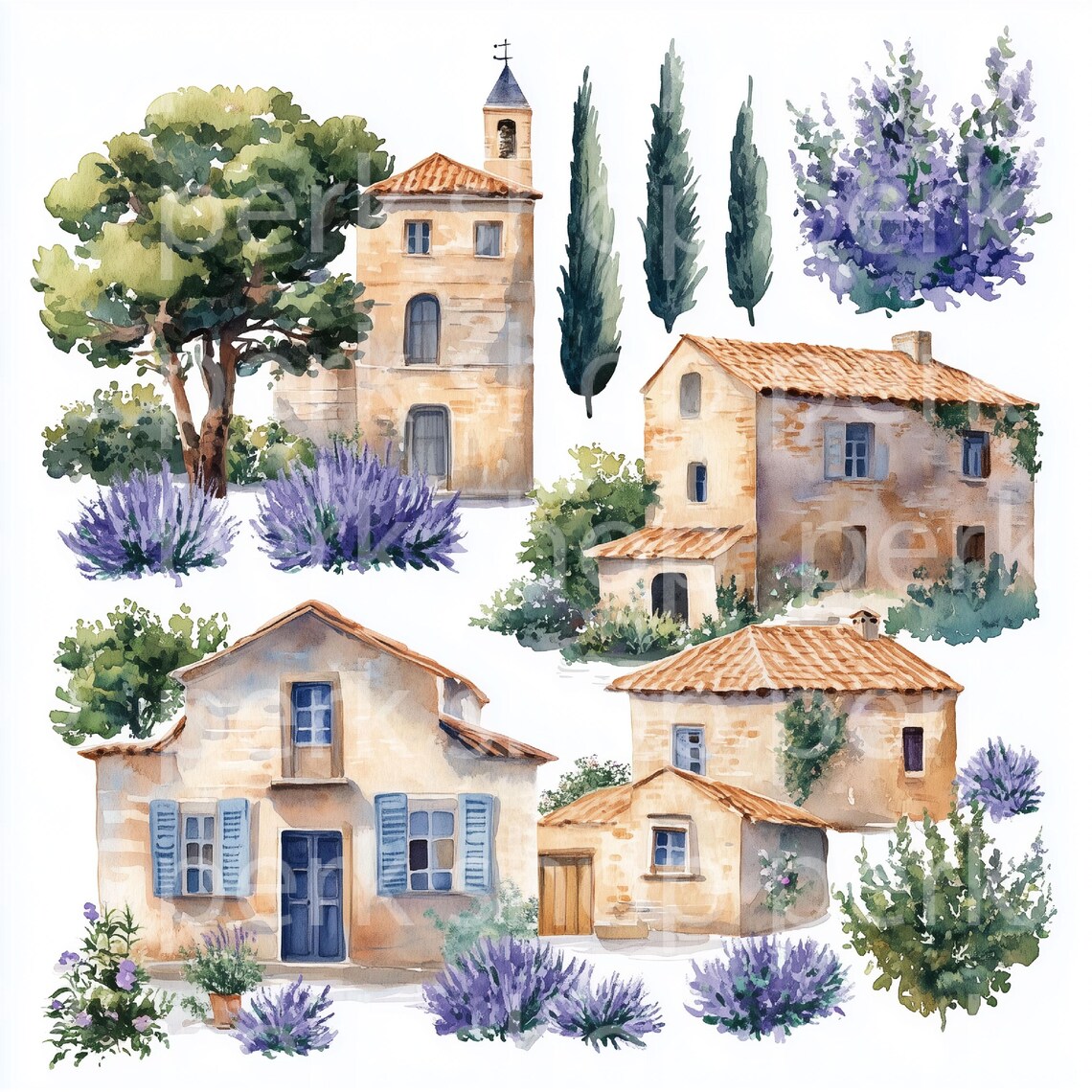 Provence Watercolor Clipart: French Village & Lavender (digital ...