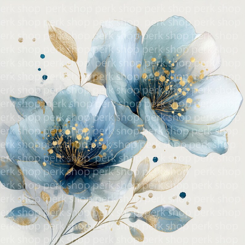 Blue Flower Abstract Watercolor Clipart: Blue & Gold Shimmer Floral Art ...