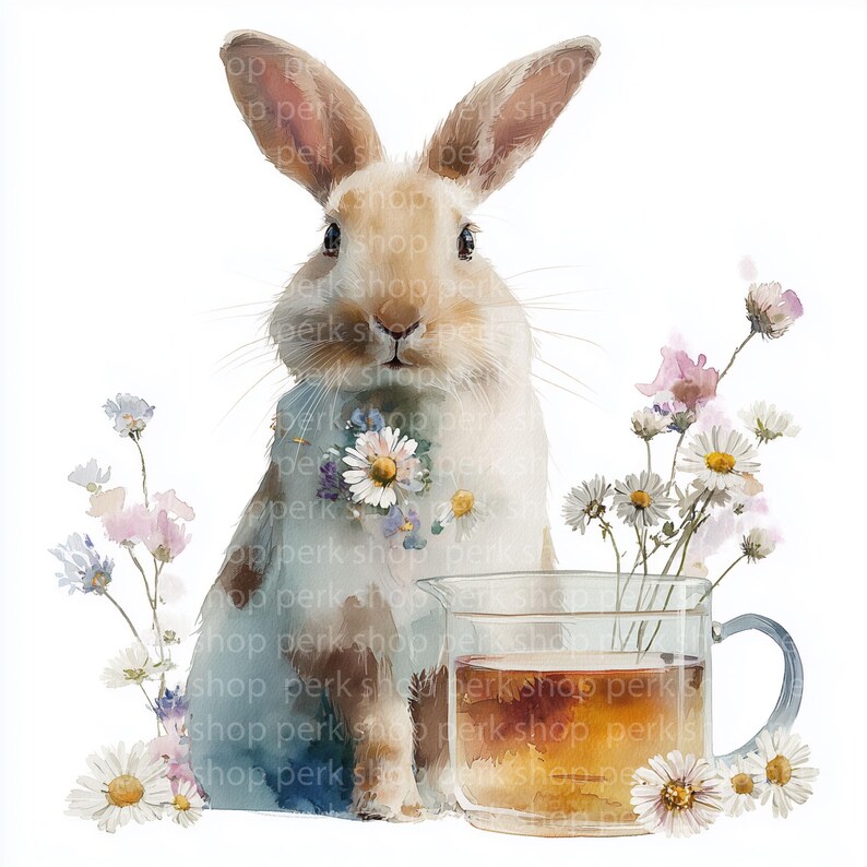 Easter Bunny Tea Clipart PNG, Watercolor Rabbit With Flowers Mug, Cozy ...