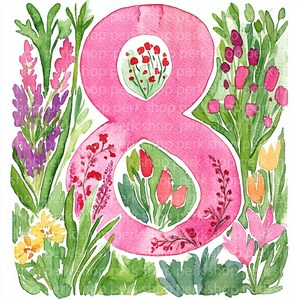 8th March Clipart, 8 Spring Flowers Watercolor, Women's Day Digital ...