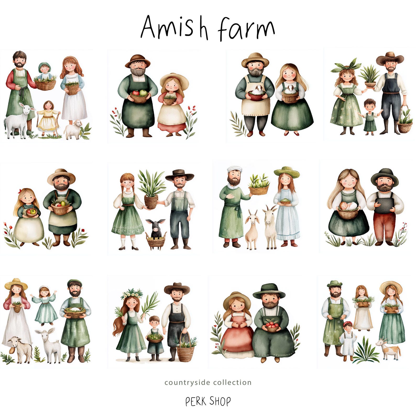 Amish Farm Family Clipart, Countryside People Watercolor Printable ...