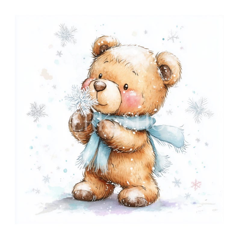 Watercolor Christmas Teddy Bear Clipart: Winter Snowflakes (digital ...