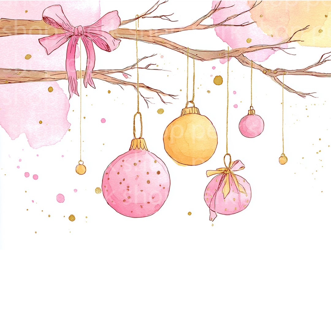 Pink Christmas Corner Clipart, Watercolor Baubles Ornaments, Feminine ...