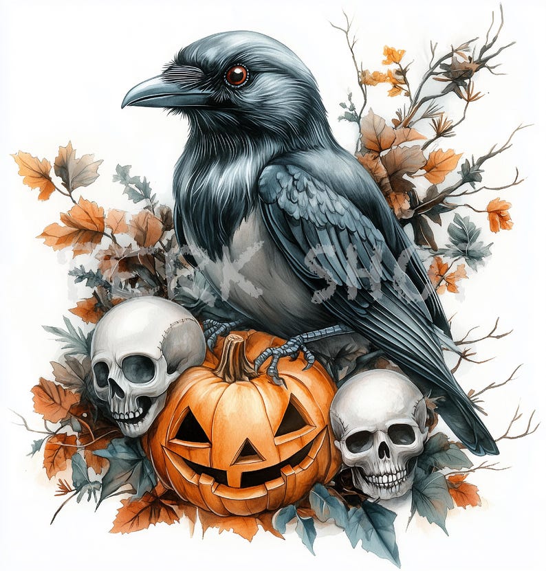 Halloween Crow Clipart: Spooky Raven Skeleton Watercolor (digital ...