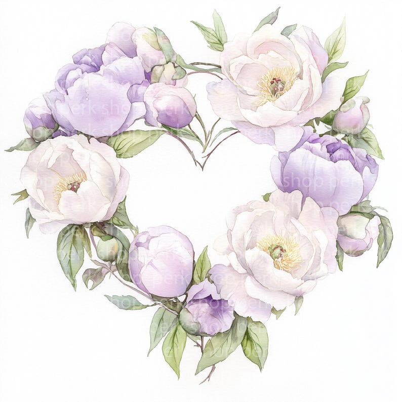 Peonies Watercolor Heart Wreath Clipart: Spring Floral (digital ...