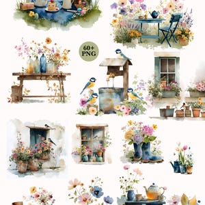 Spring Garden Clipart PNG, Easter Bunny Clipart, Watercolor Spring ...